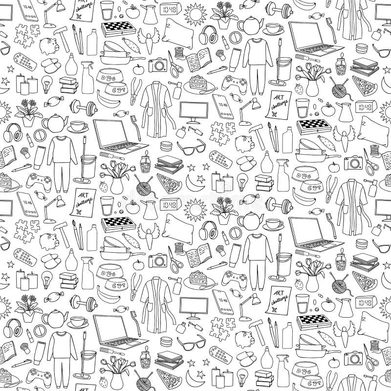 Hand Drawn Home Seamless Pattern. Vector Repeat Print with Doodle Home ...