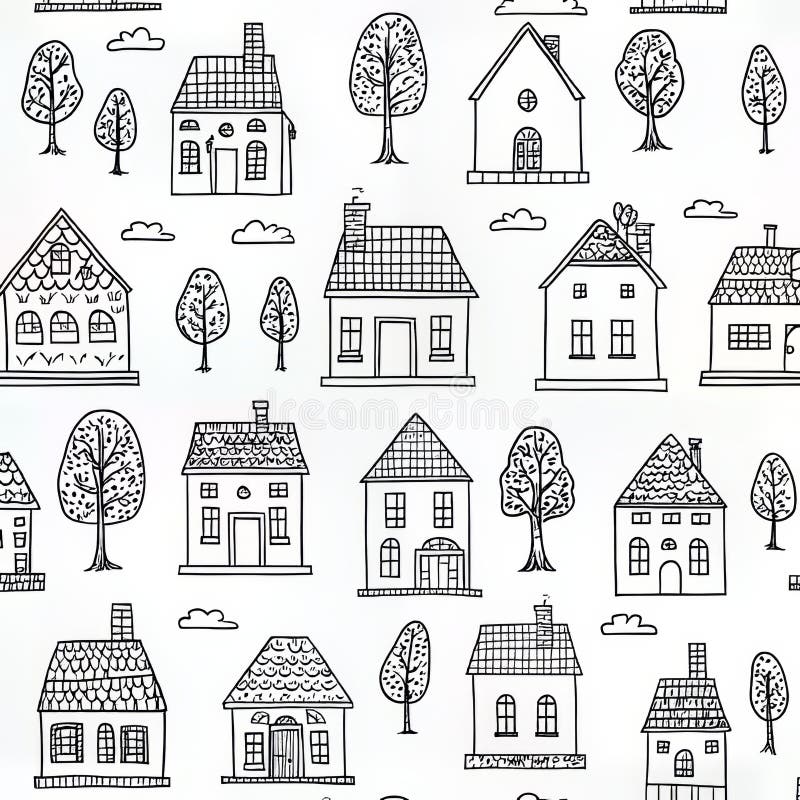 A Hand-drawn House Pattern in a Doodle Sketch Style, Forming a Seamless ...