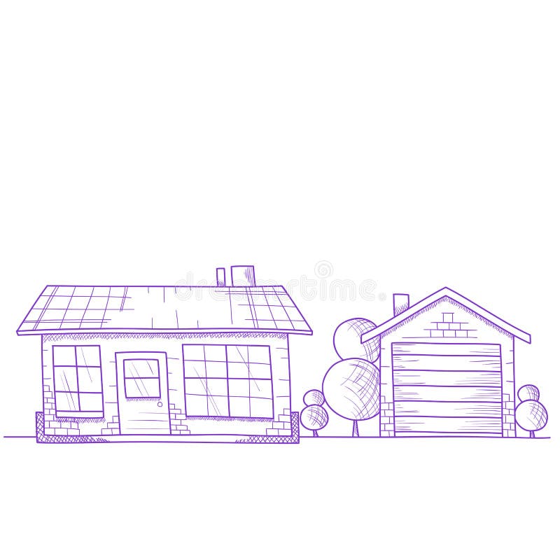 Hand Drawn House with Trees on Ground Stock Vector - Illustration of ...