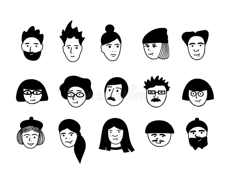 Hand Drawn Human Faces Doodle Set. Black and White Icons Set Stock ...