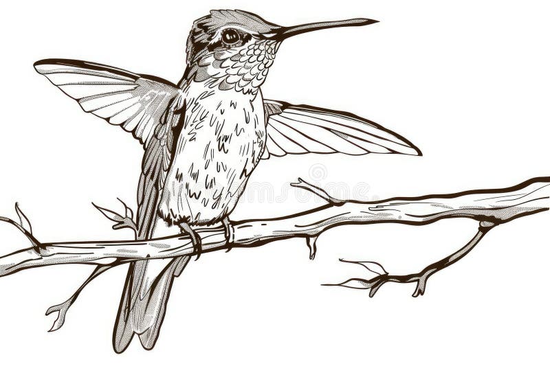 Hand-drawn Hummingbird on a Branch Stock Illustration - Illustration of ...