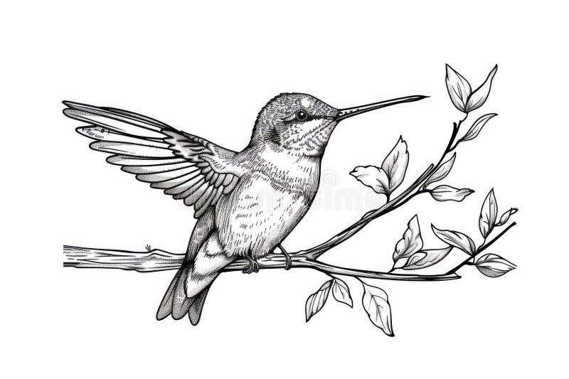 Hand-drawn Hummingbird on a Branch Stock Illustration - Illustration of ...