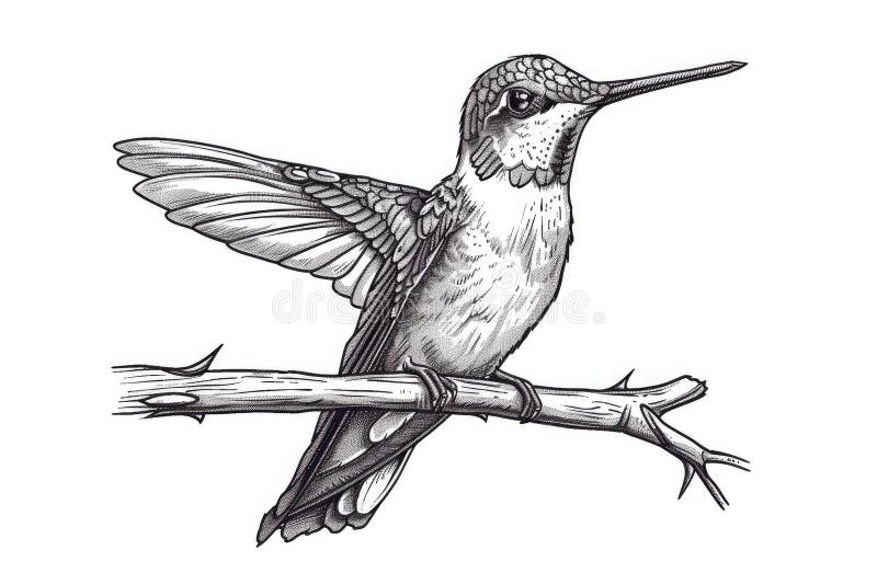 Hand-drawn Hummingbird on a Branch Stock Illustration - Illustration of ...