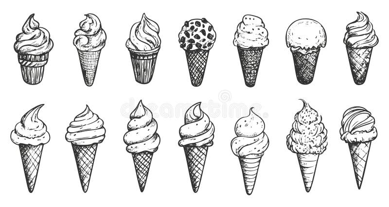 Hand-drawn Ice Cream Cones Sketch with Various Designs and Styles ...