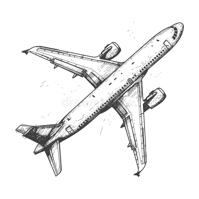 Hand-Drawn Sketch of Airplane in Flight, Top View Stock Vector ...