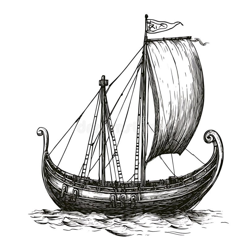 Hand-drawn Illustration of an Ancient Sailboat with a Single Sail on ...