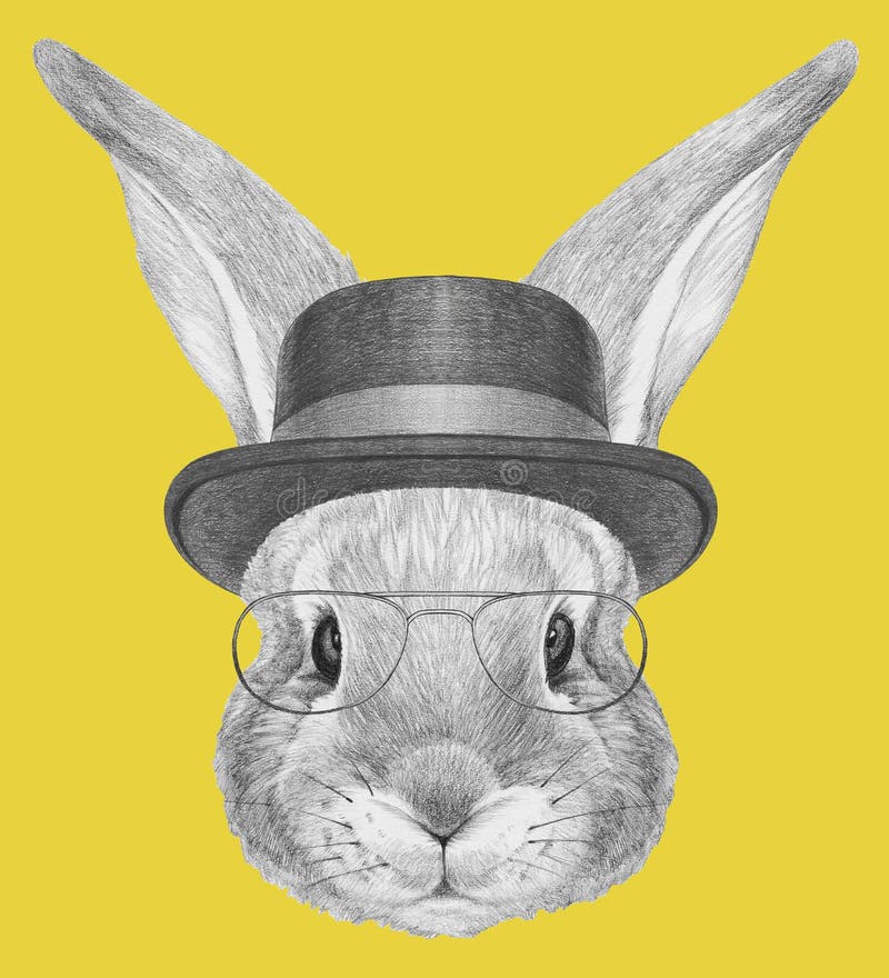 Portrait Of Rabbit With Hat And Glasses Hand Drawn Illustration Stock