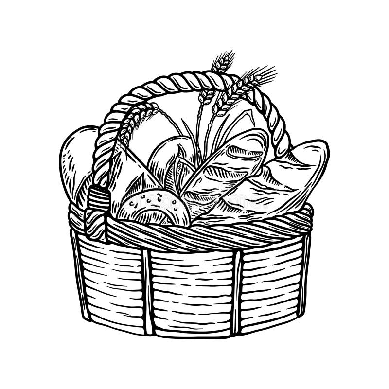 Hand Drawn Illustration of Bakery Basket with Bread. Design Element for ...