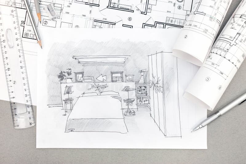 Hand-drawn Illustration of Bedroom Interior with Drawing Tools a Stock ...