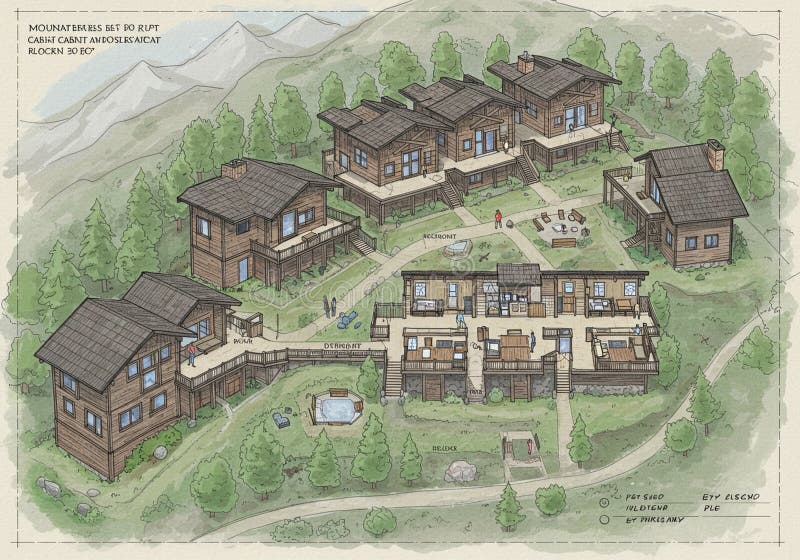 Hand-drawn Illustration of a Cabin Complex Set in a Mountainous ...