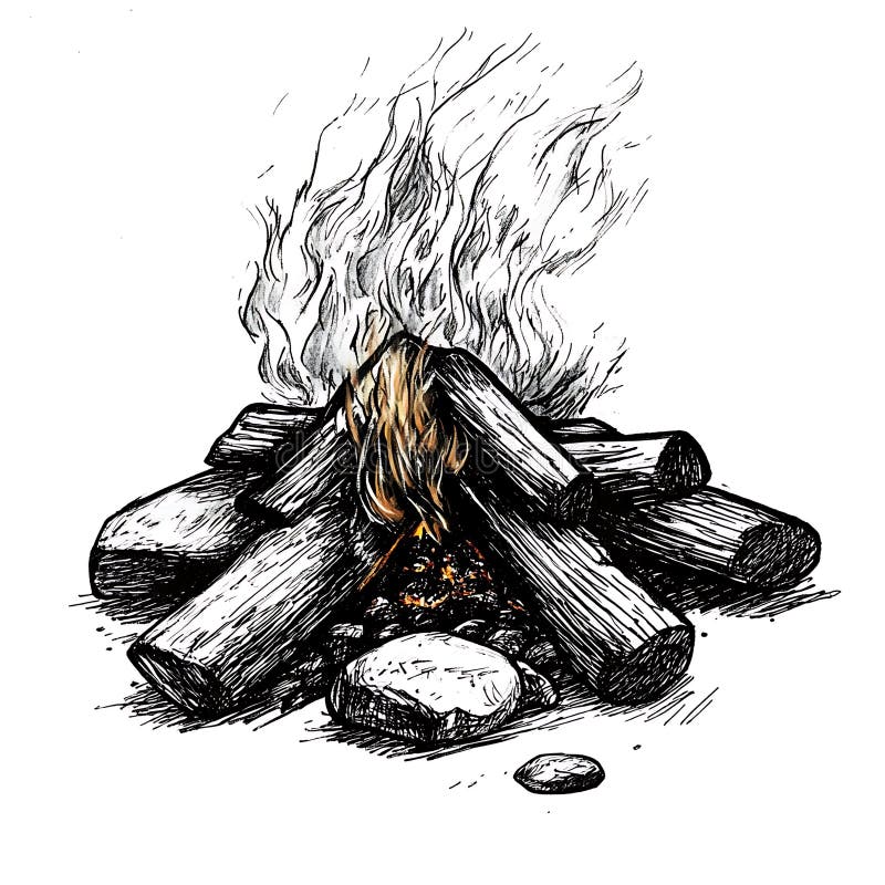 Hand-drawn Illustration of a Campfire with Burning Wood and Embers ...