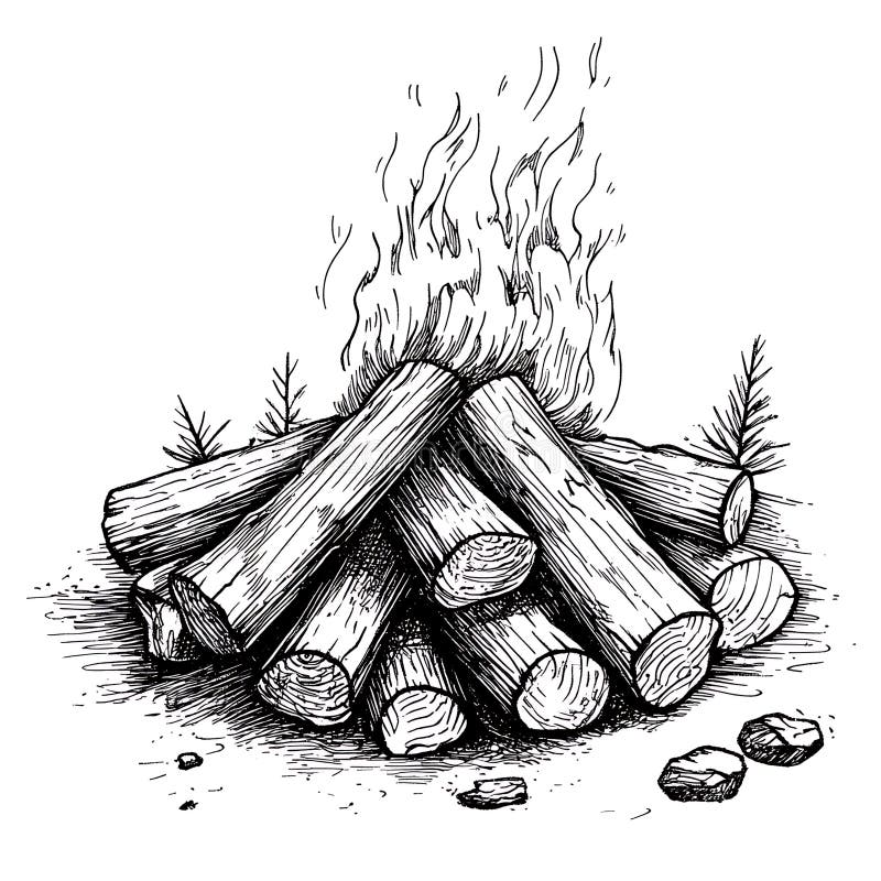 Hand-drawn Illustration of a Campfire with Flames and Logs Stock ...