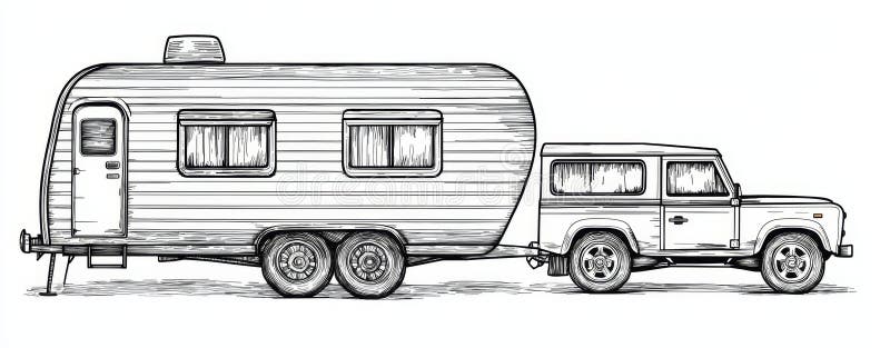 Hand Drawn Illustration of a Car with a Trailer or Caravan Stock Image ...