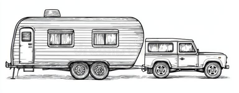 Hand Drawn Illustration of a Car with a Trailer or Caravan Stock Image ...