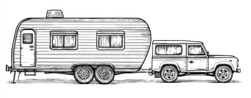 Hand Drawn Illustration of a Car with a Trailer or Caravan Stock Image ...