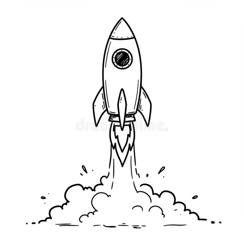 Hand-drawn Illustration of a Cartoon Rocket Launching into the Air. the ...
