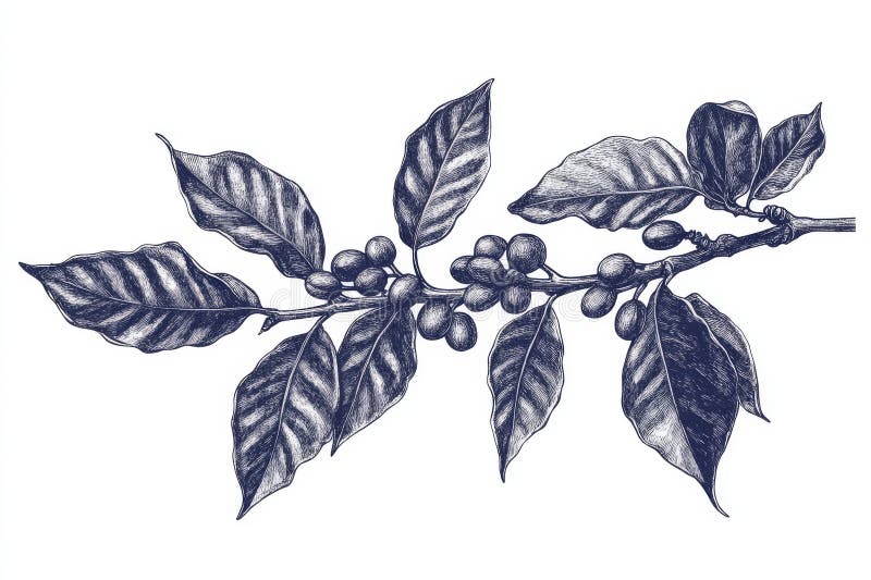 A Hand-drawn Illustration of Coffee Tree Branches and Beans, Depicted ...