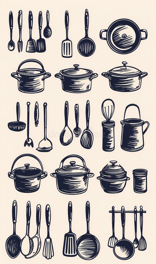 Hand-drawn Illustration of a Collection of Assorted Kitchen Utensils ...