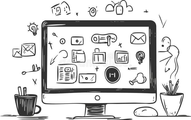 Hand-drawn Illustration of a Computer Screen with Various Icons. Stock ...