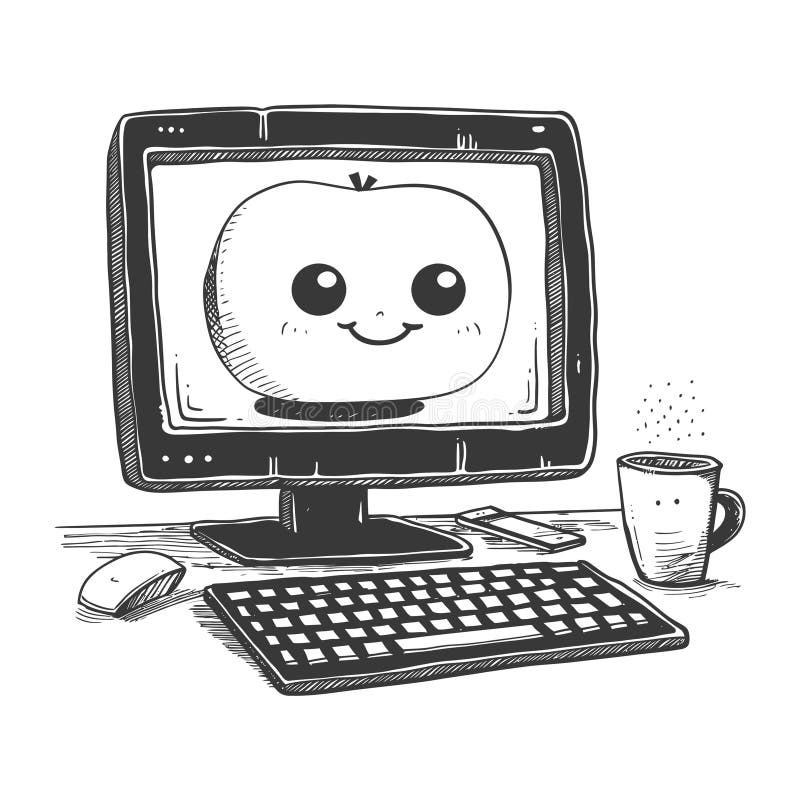Cute Cartoon Apple on Computer Screen, Desk Setup Stock Vector ...