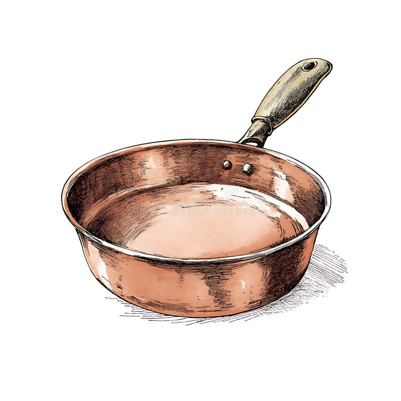 Hand-drawn Illustration of a Copper Pan with Wooden Handle Stock ...
