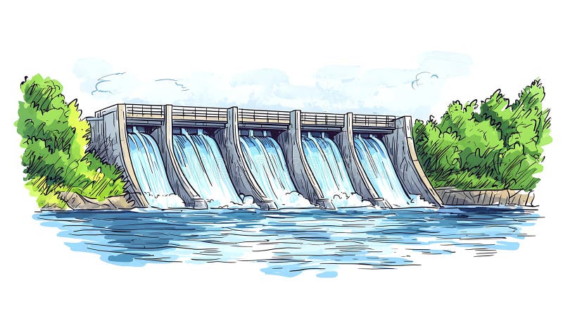 Handdrawn Illustration of a Dam with Water Flowing Over it Surrounded ...