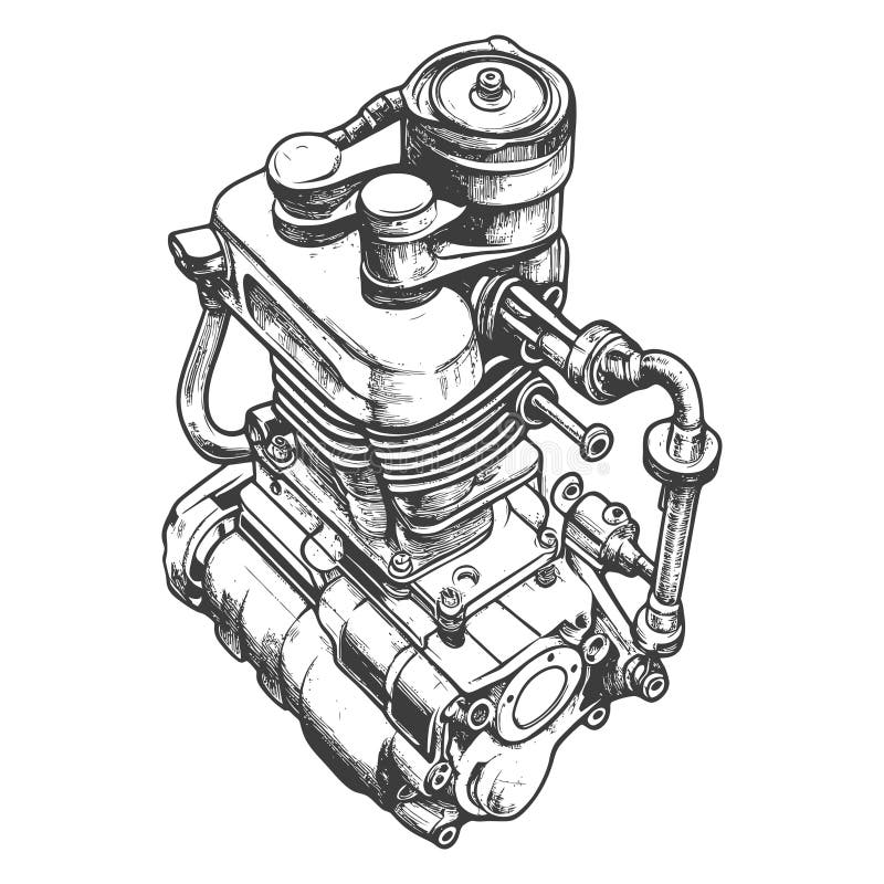 Detailed Hand-Drawn Illustration of a Vintage Motorcycle Engine Stock ...