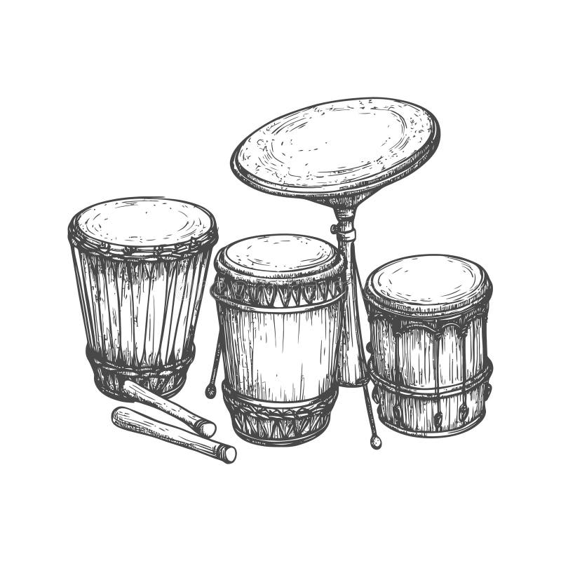 Hand-Drawn Sketch of a Traditional Drum Kit with Sticks and Cymbal ...