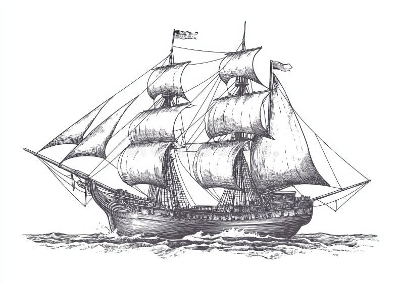 A Hand-drawn Illustration Featuring a Pirate Ship Sailing on a Sailboat ...