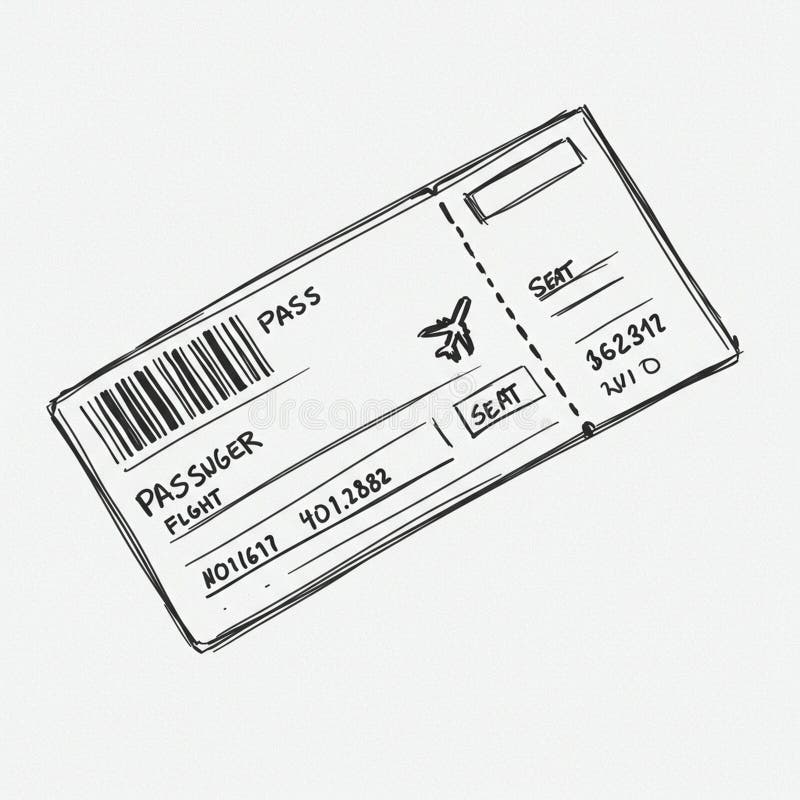 Hand-drawn Illustration of a Flight Ticket. it Features a Barcode ...