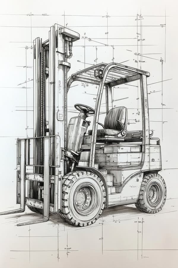 Detailed Technical Sketch of a Forklift Truck with Precise ...