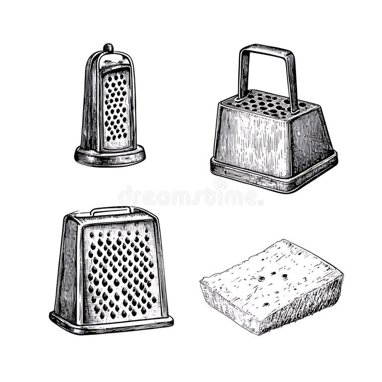 Hand-drawn Illustration of Four Different Types of Graters and a Piece ...