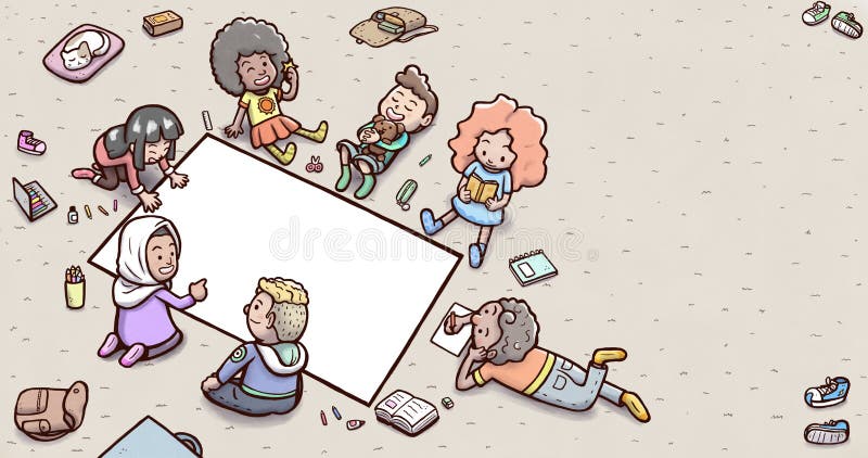 Group of Children Doing Homework on the Floor - Blank Poster Horizontal ...