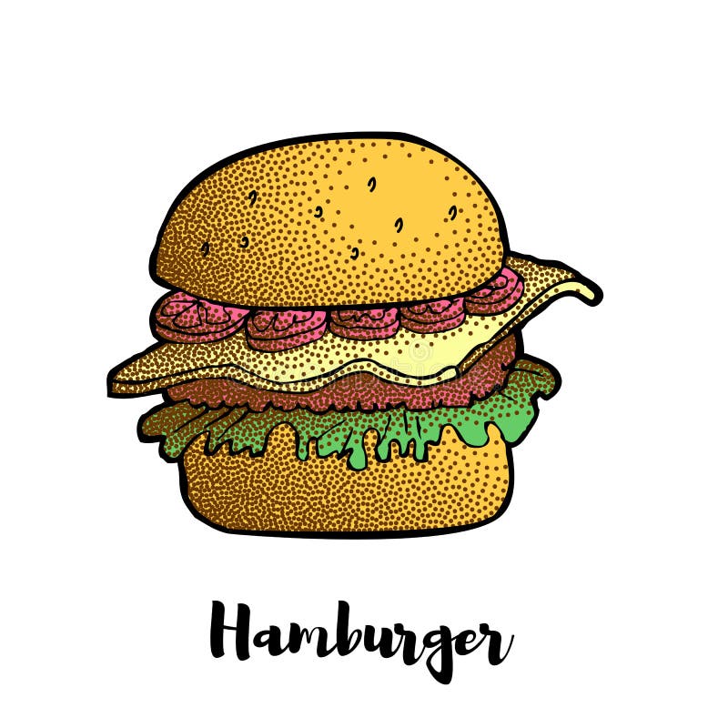 Hand Drawn Illustration of Hamburger, Cheeseburger, Burger. Dotted ...