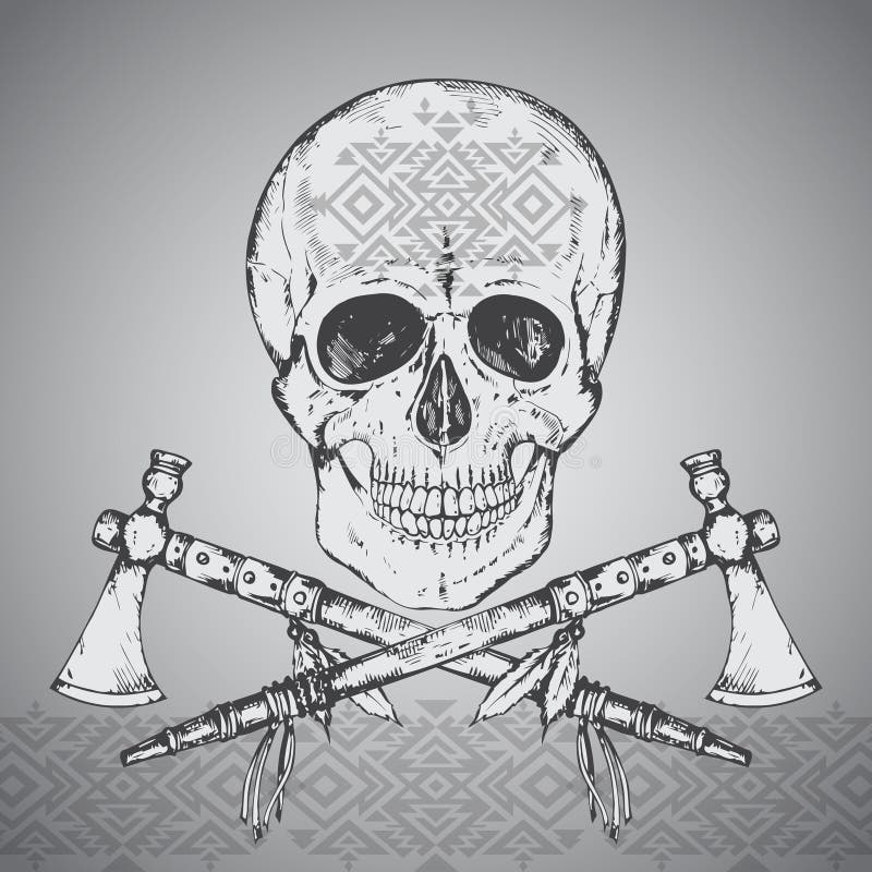Hand Drawn Illustration of Human Skull, Two Tomahawks and Ethnic Stock ...