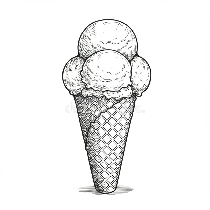 Hand-drawn Illustration of an Ice Cream Cone Features Three Scoops ...