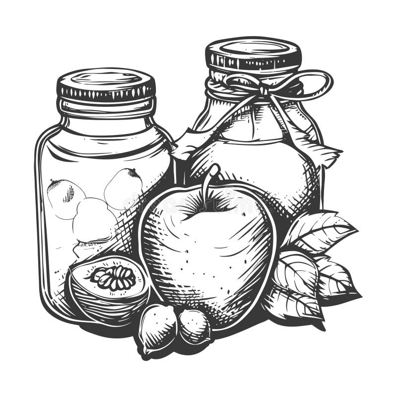Hand-Drawn Sketch of Apple, Passion Fruit, and Jars of Preserves Stock ...