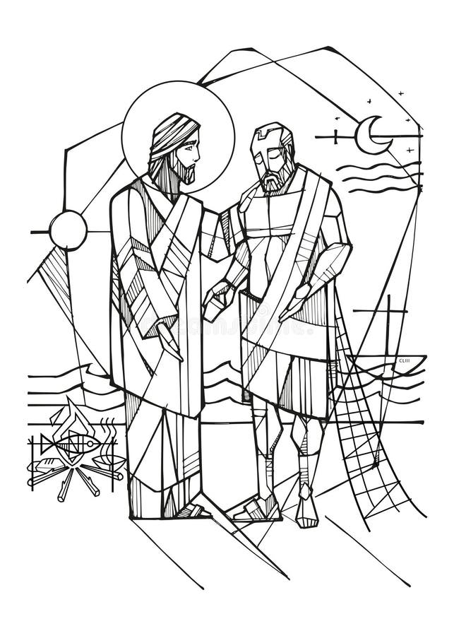 Hand Drawn Illustration of Jesus and Peter Stock Vector - Illustration ...