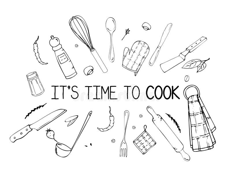 Hand Drawn Illustration with Kitchen Utensils. Actual Vector Drawing of ...