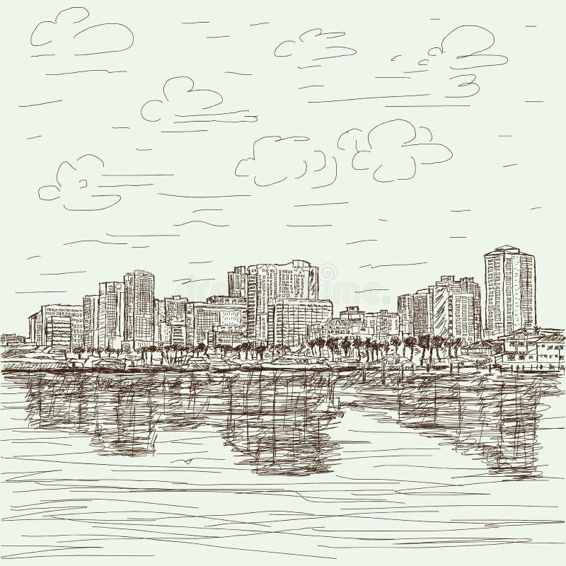 Hand-drawn cityscape stock illustration. Illustration of landscape ...