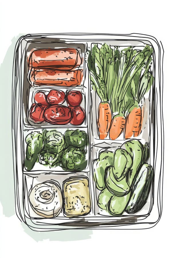 A Hand Drawn Illustration of a Meal Prep Box with Fresh Vegetables ...