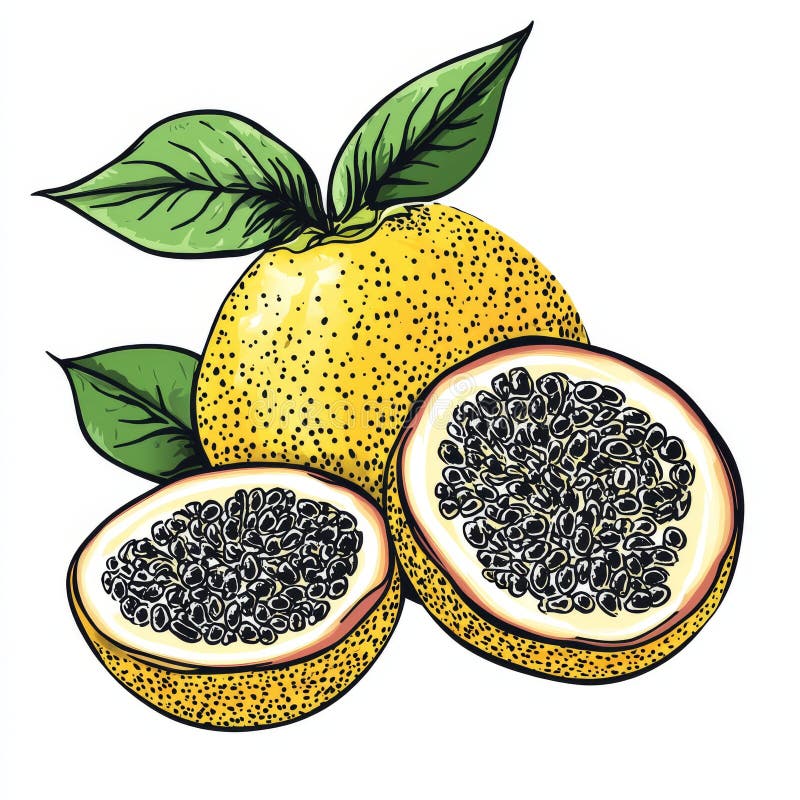 This is a Hand-drawn Illustration of a Passion Fruit. it is in the ...