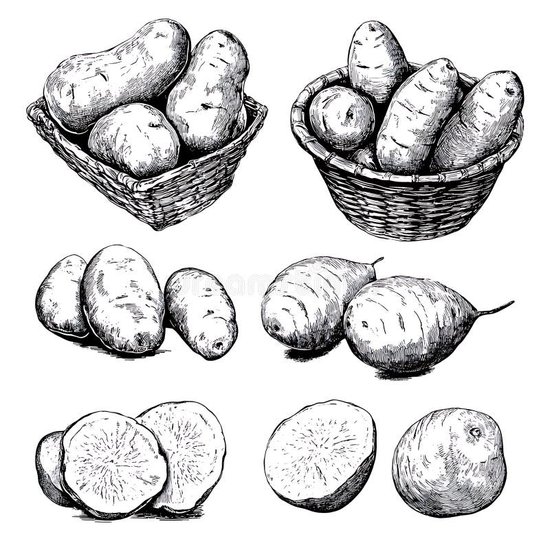 Hand-drawn Illustration of Potatoes in Baskets and Loose Ink Scketch ...