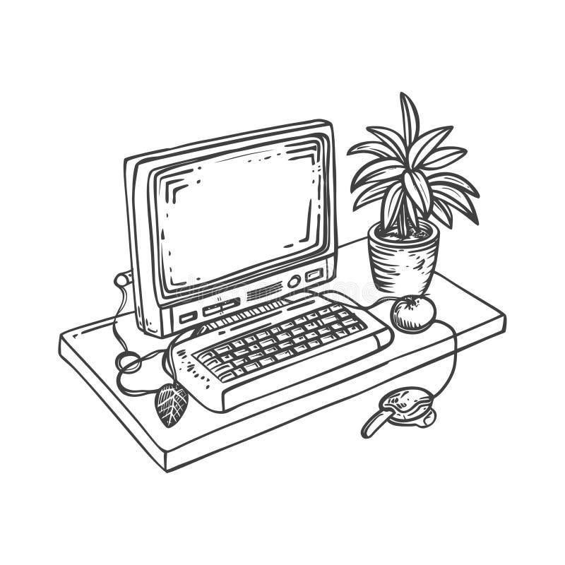 Vintage Computer Setup with Plant, Hand-Drawn Illustration Stock Vector ...