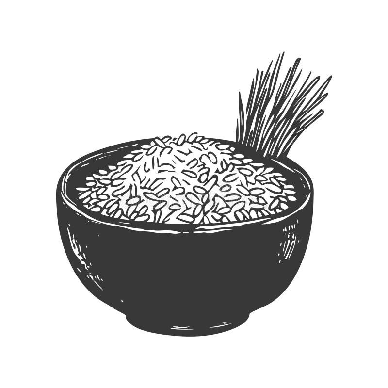 A Bowl of Uncooked Rice Grains with Rice Plant Illustration Stock ...