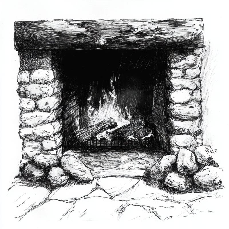 Hand-drawn Illustration of a Rustic Stone Fireplace with Fire Stock ...