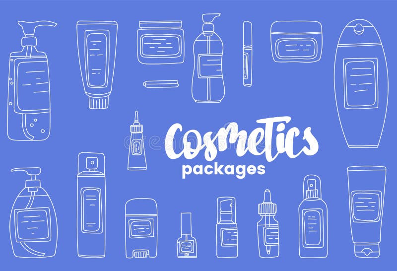 Hand Drawn Illustration Set with Containers for Various Cosmetics Stock ...