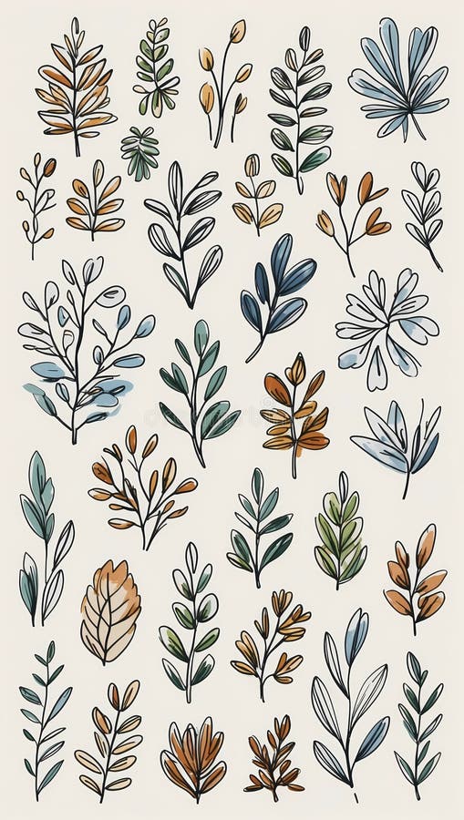 Botanical Illustration: an Array of Hand-drawn Leaves and Sprigs in ...