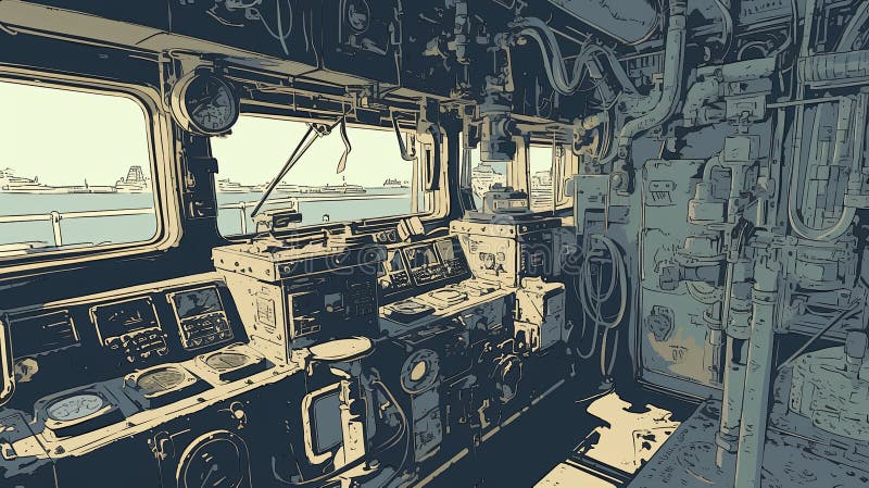 Detailed Hand-drawn Illustration of an Engine Room with a Stop Switch ...