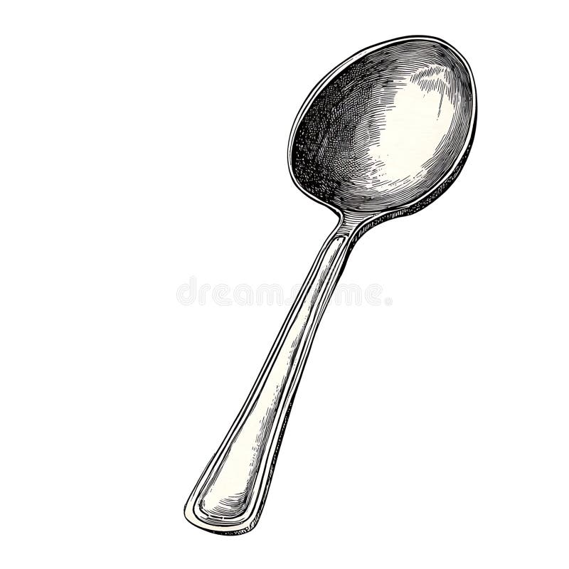 Hand-drawn Illustration of a Single, Metallic Spoon Stock Illustration ...